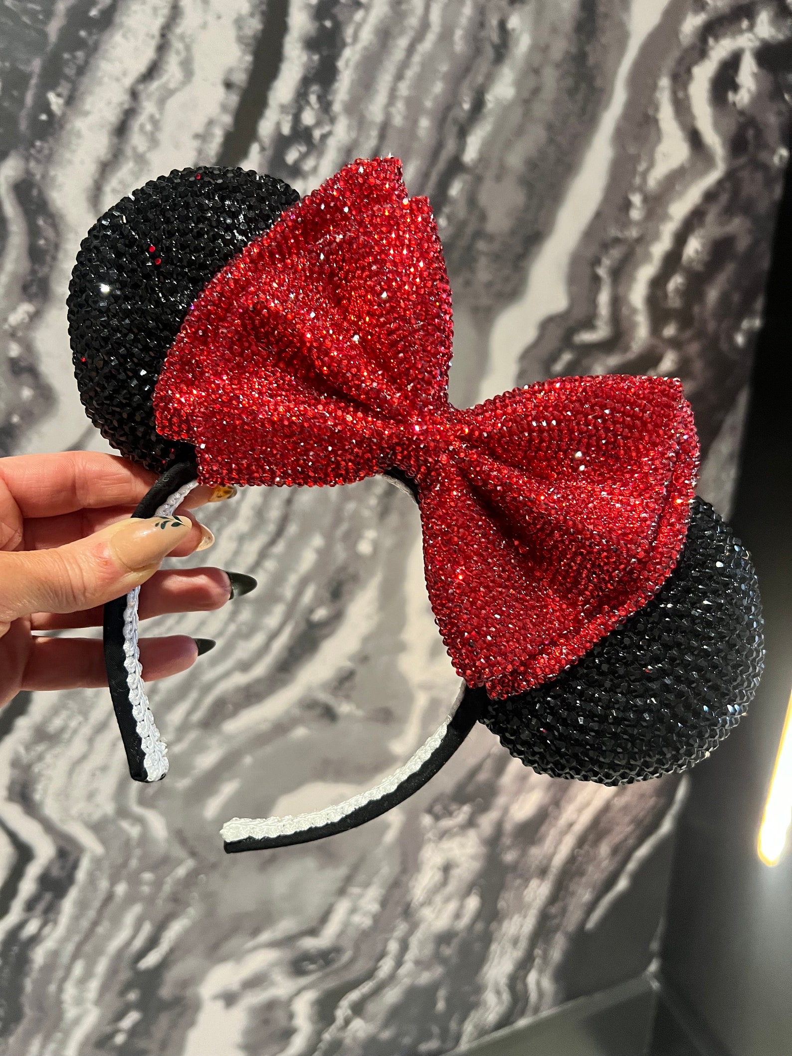 Rhinestone Mouse Ears Black and Red Ears Sparkle Double Minnie Bow ...