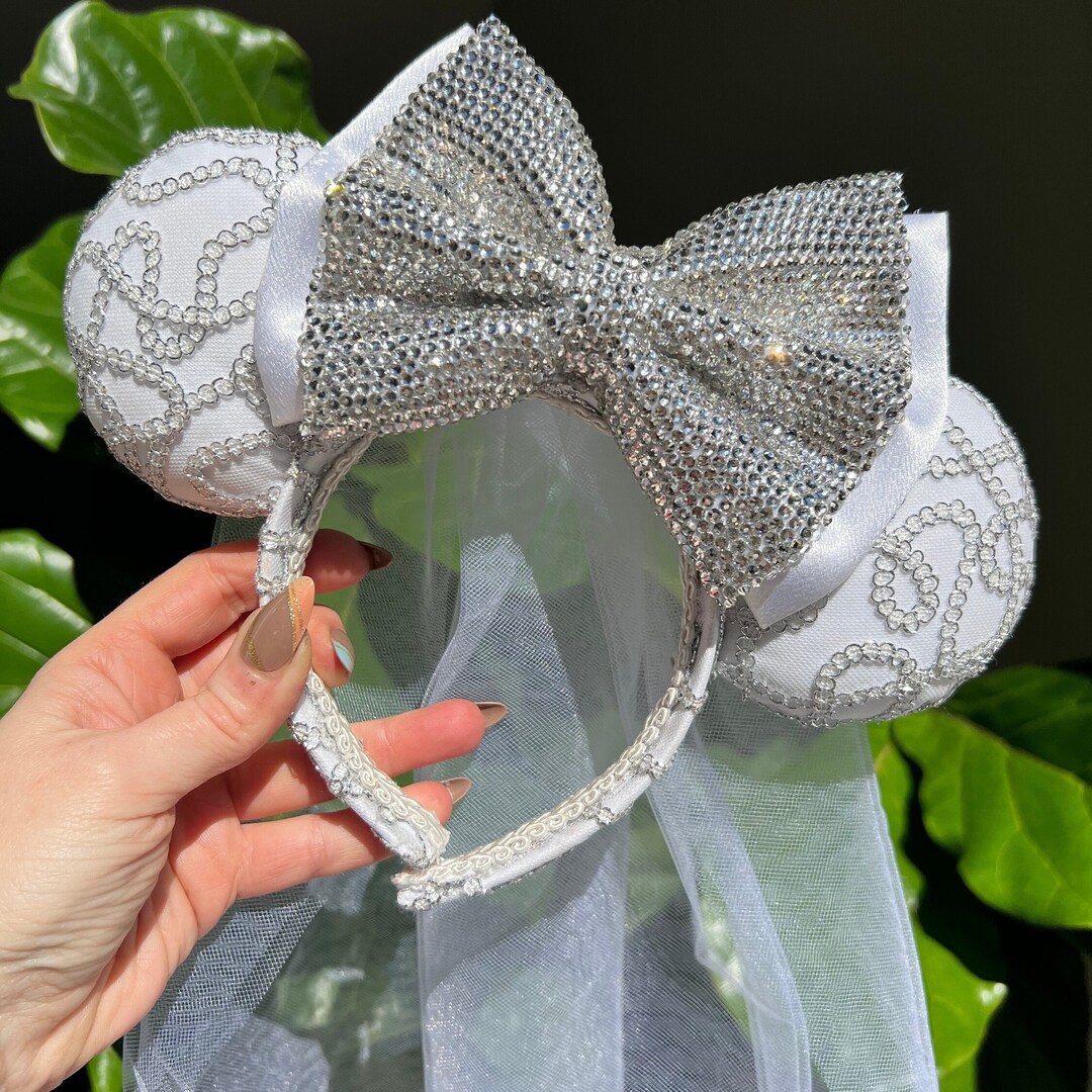Bridal Bachorette White and Silver Mouse Ears Silver Glass Rhinestone ...