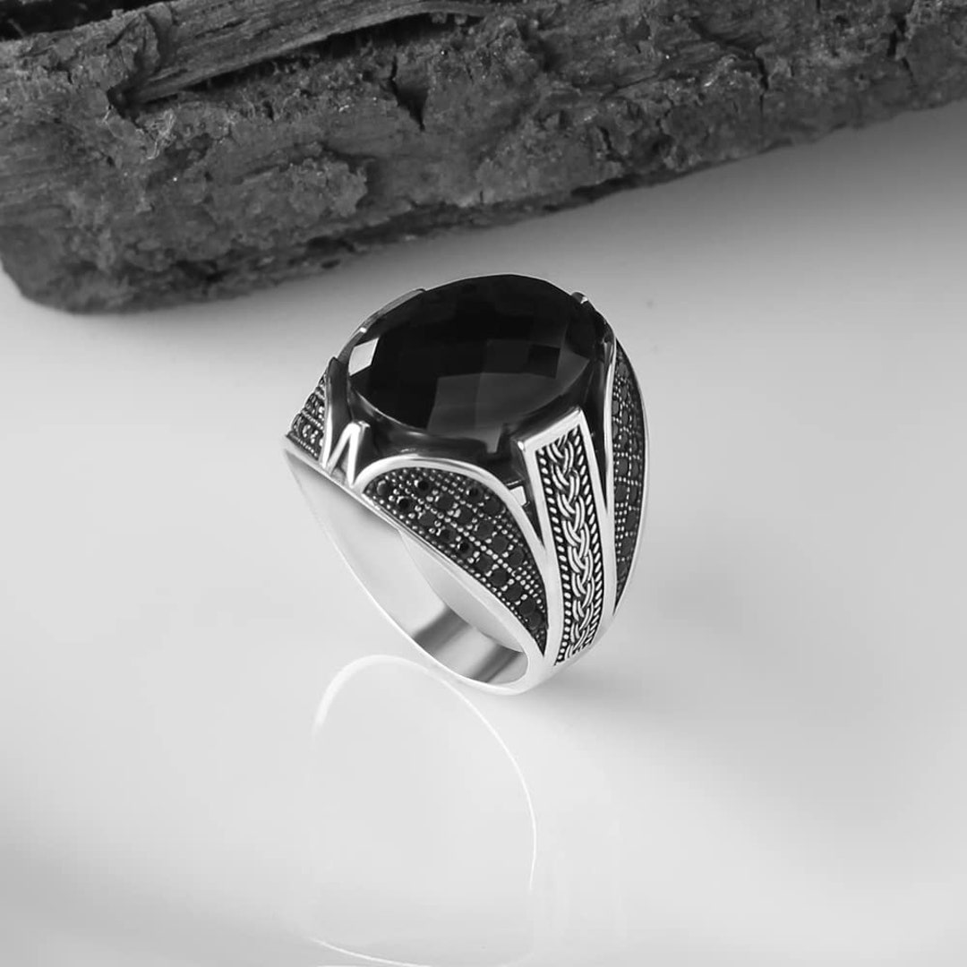 925 Sterling Silver Men's Ring With Black Zircon Stone - Etsy