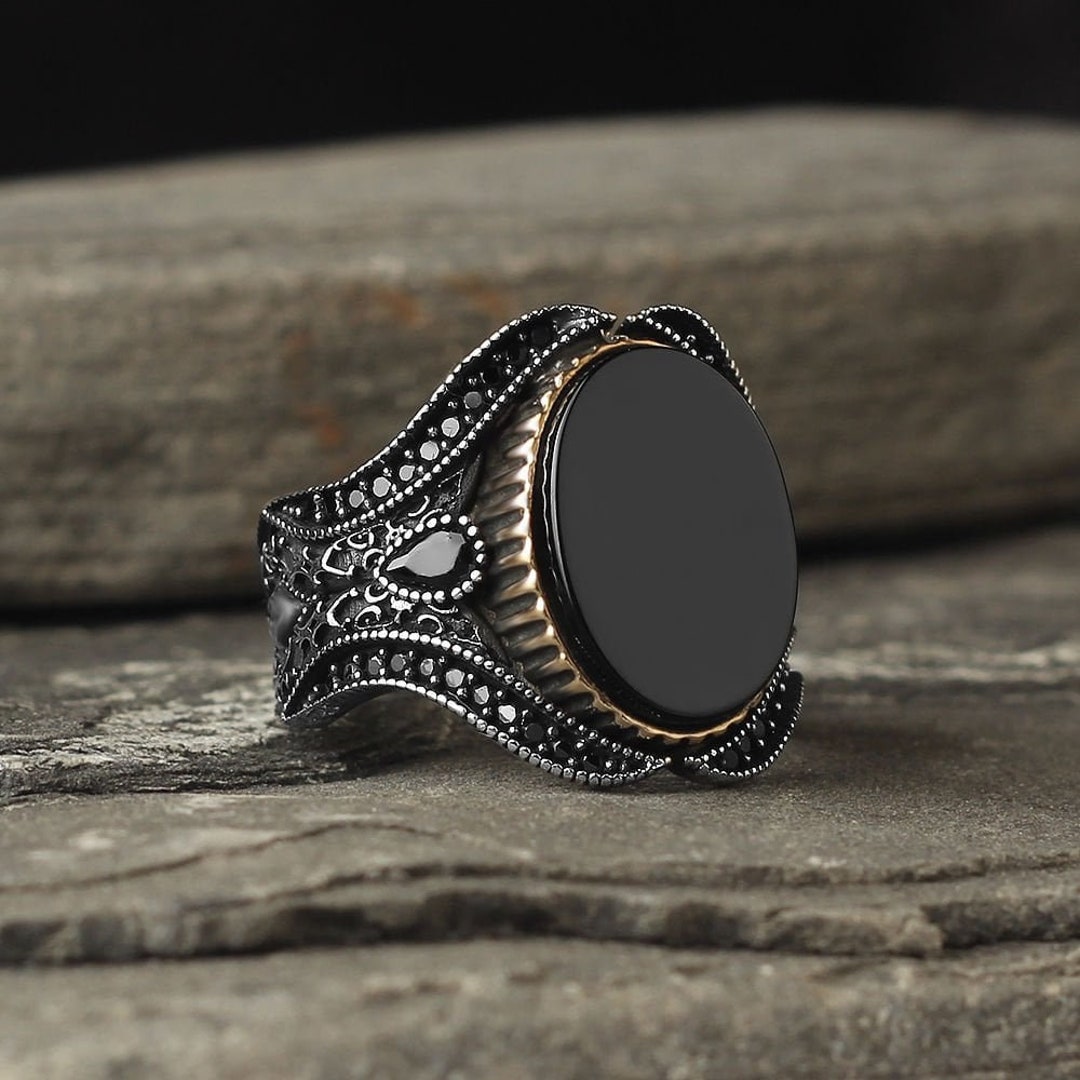 925 Sterling Silver Men Silver Ring With Onyx Stone, Handmade Engraved ...