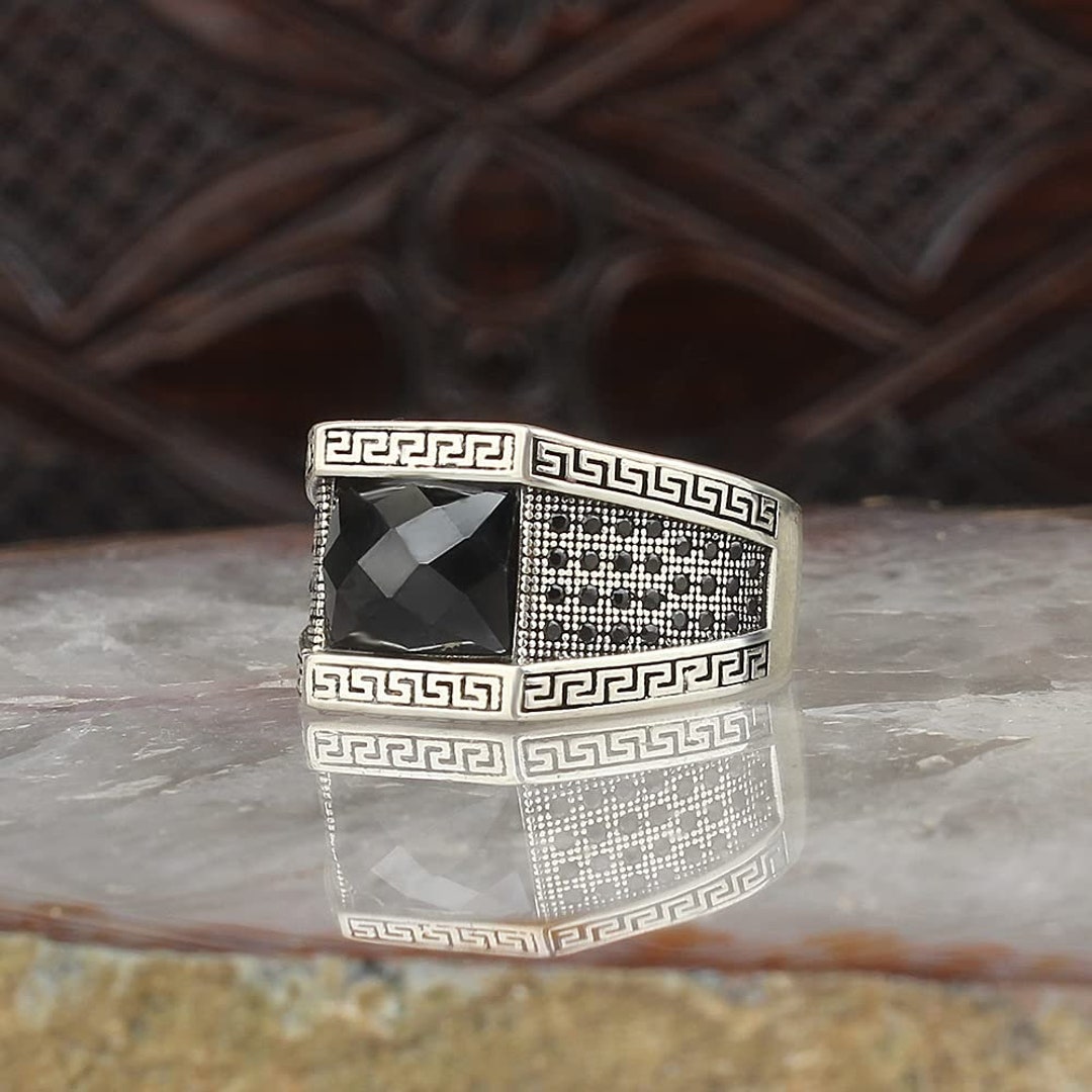 925 Sterling Silver Men's Ring With Black Zircon Stone, Handmade Black ...