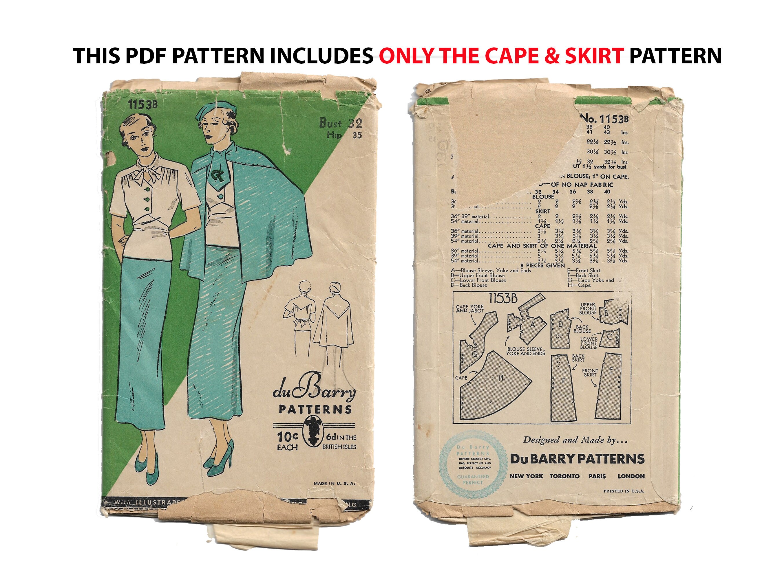 Multisize B30-B50, Du Barry Patterns 1153B, 1930s, Cape, Skirt, Vintage ...