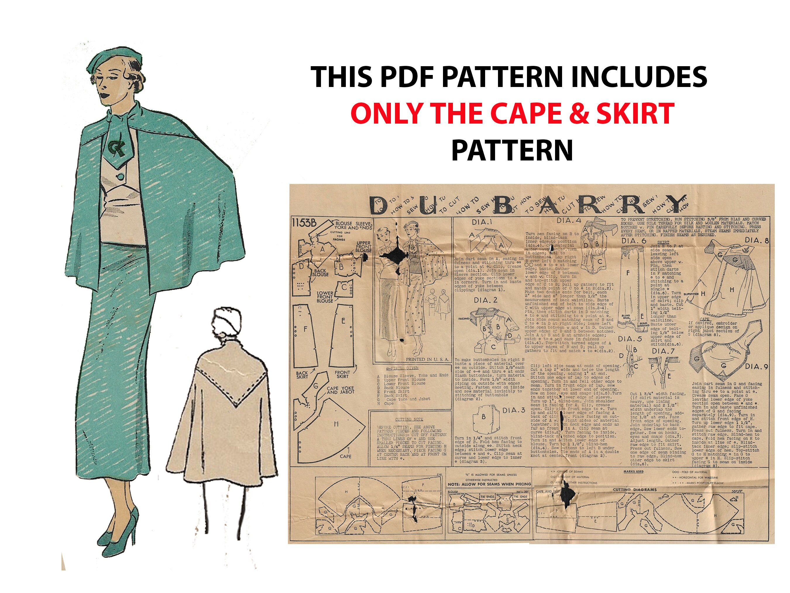 Multisize B30-B50, Du Barry Patterns 1153B, 1930s, Cape, Skirt, Vintage ...