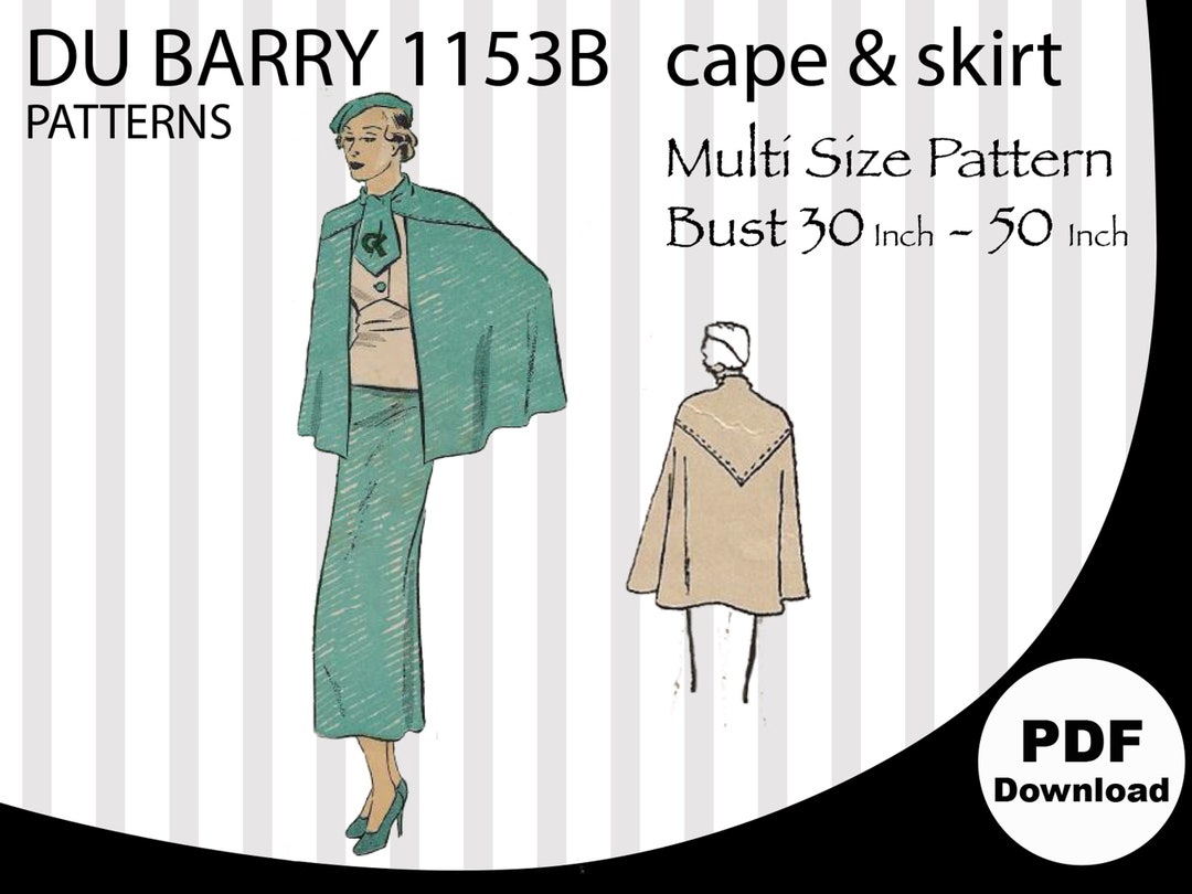 Multisize B30-B50, Du Barry Patterns 1153B, 1930s, Cape, Skirt, Vintage ...
