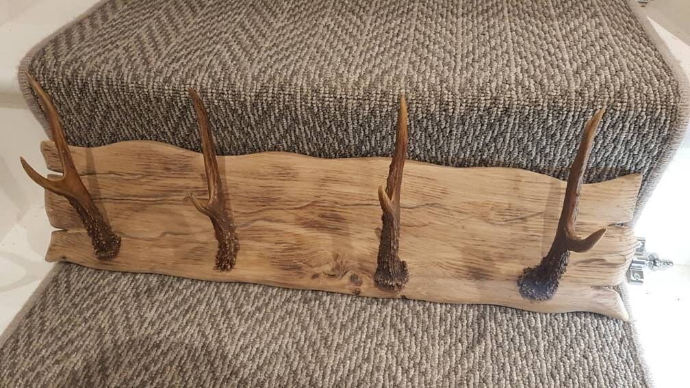 Coat Rack Solid Oak and Real Deer Antler .handmade Rustic . - Etsy UK