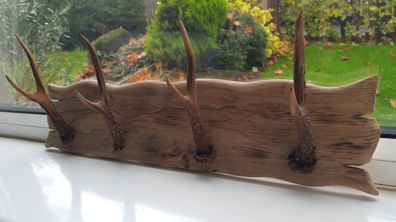 Coat Rack Solid Oak and Real Deer Antler .handmade Rustic . - Etsy