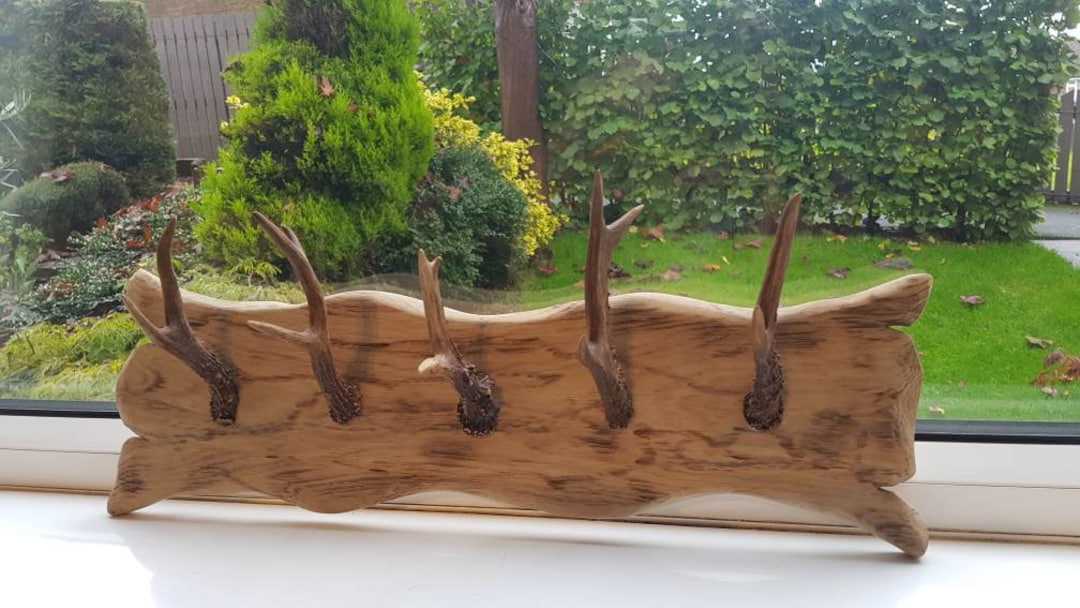 Solid Handmade Oak and Real Deer Antler Rustic Coat Rack With 5 Antlers ...