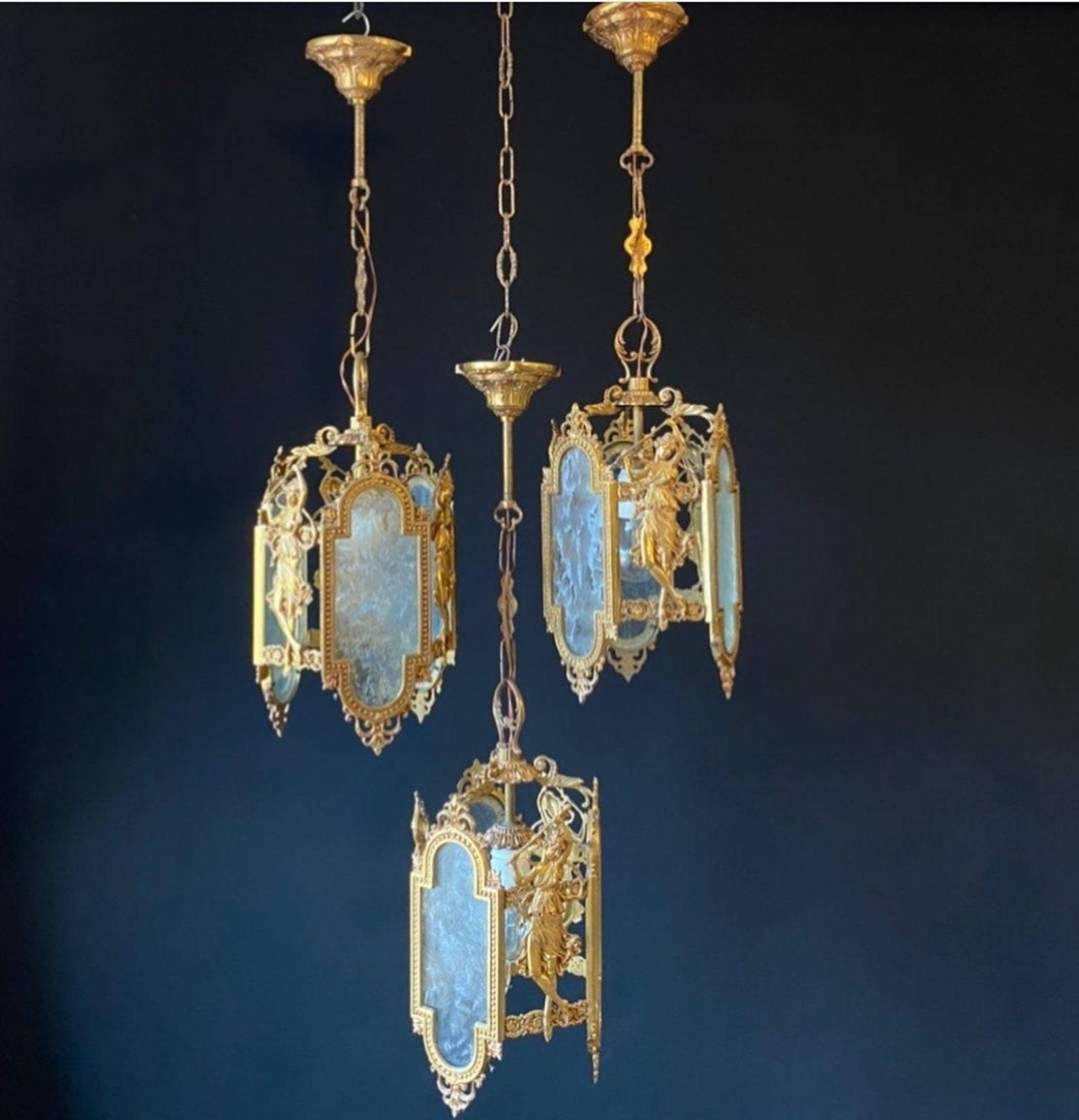 FREE SHIPPING Trio of Italian Lanterns in Gilt Brass and Glass - Etsy