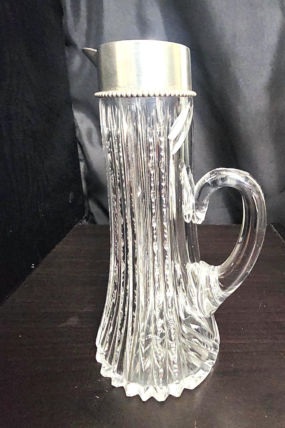 Antique Cut Crystal Water Pitcher: Sterling Silver Beaded Top, Wilcox ...
