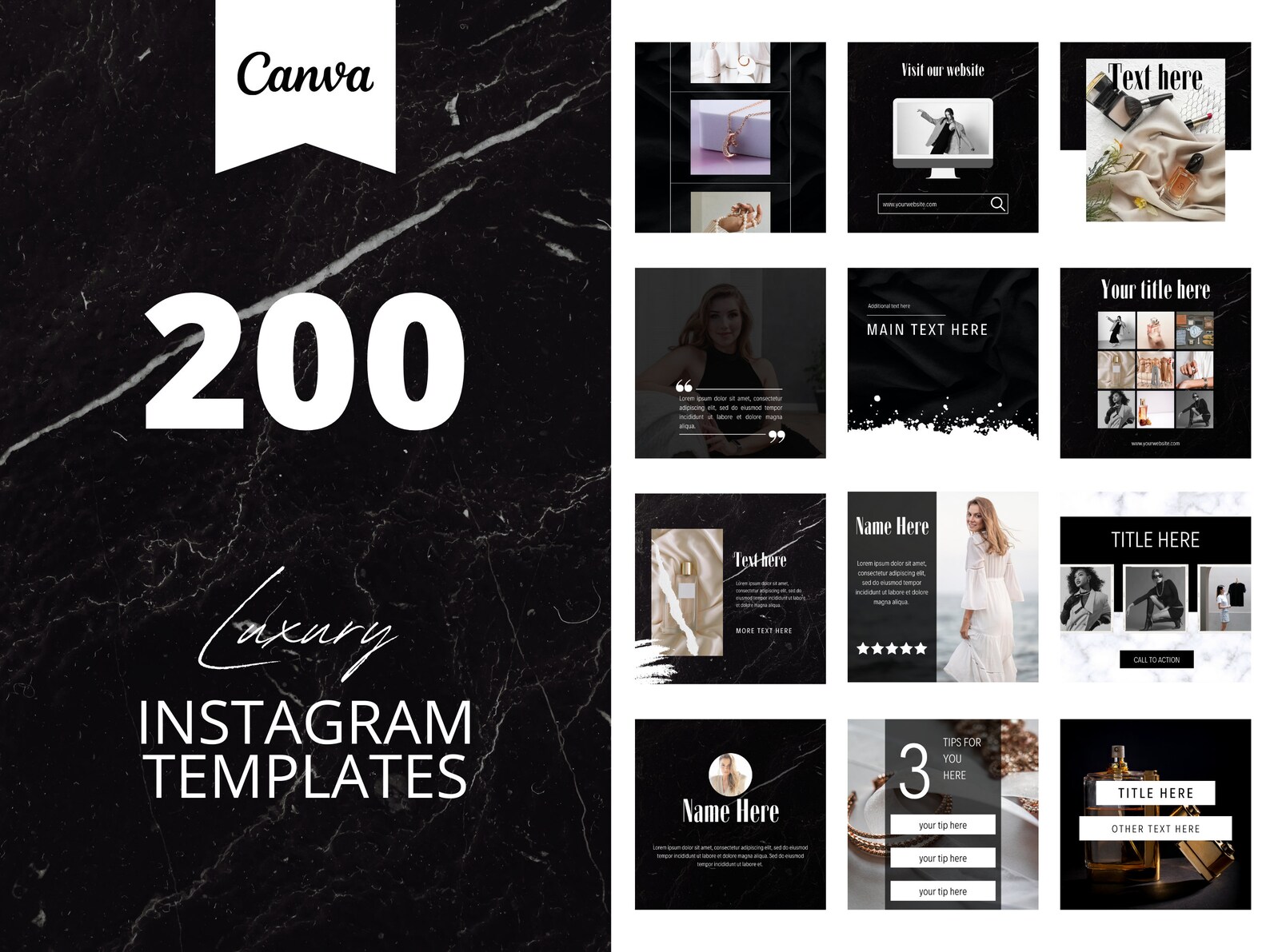200 Marble Luxury Instagram Canva Templates, Black and White, Business ...