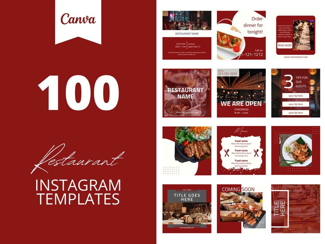 Restaurant Instagram Templates: Red Food Social Media Posts (100 Canva ...