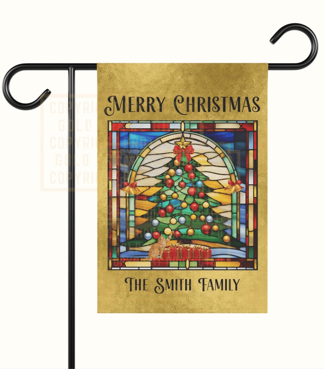 Stained Glass Flag, Christmas Tree Flag, Cat, Gifts, Gold Bells ...