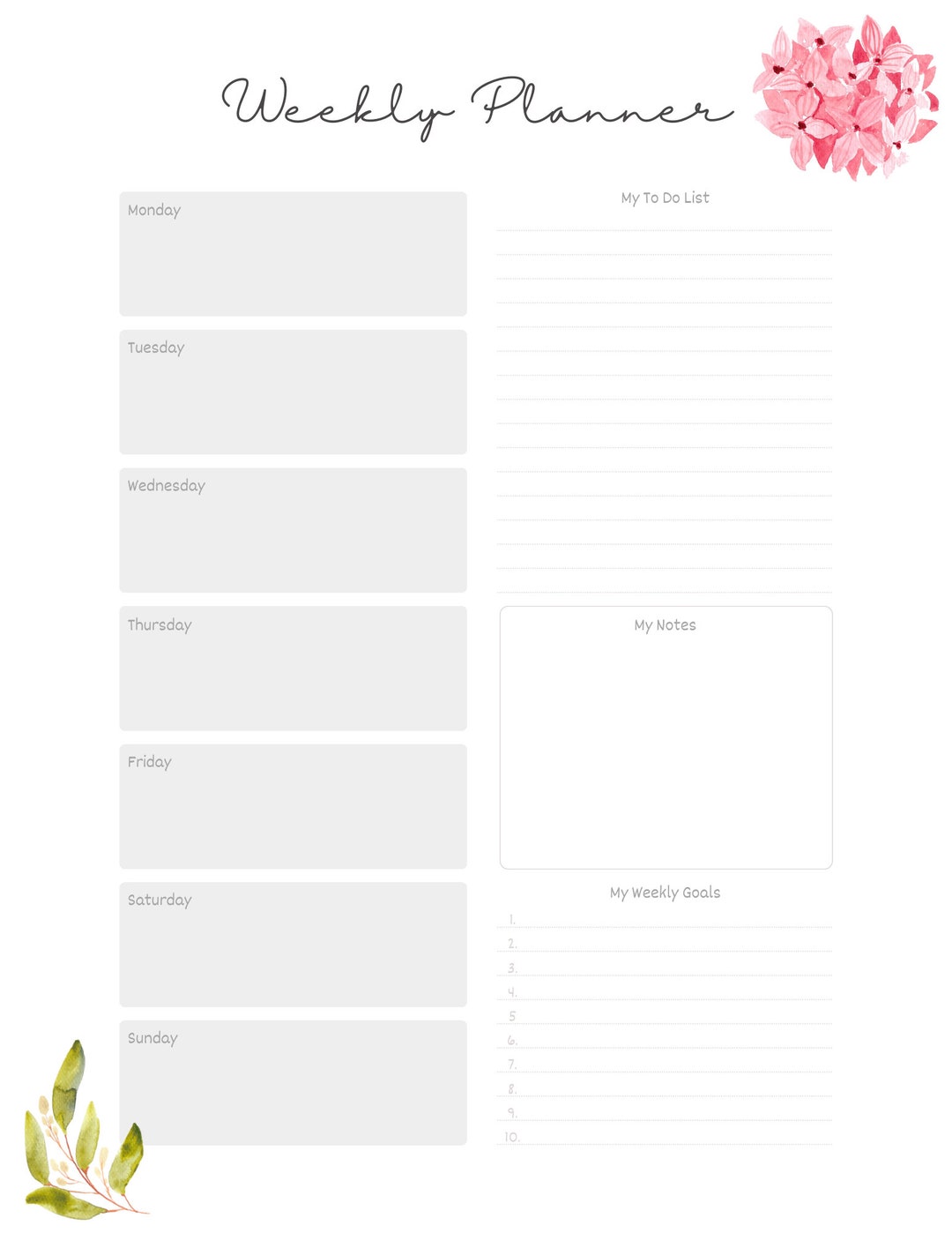 Weekly Calendar Digital Print Printable PDF JPEG Print at Home - Etsy