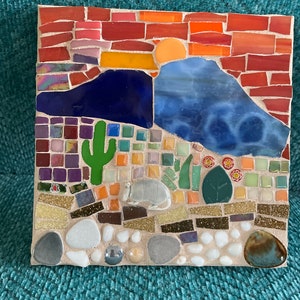Colorful Handmade Desert Sunset Mosaic Using Red, Orange, Blue Tiles ...