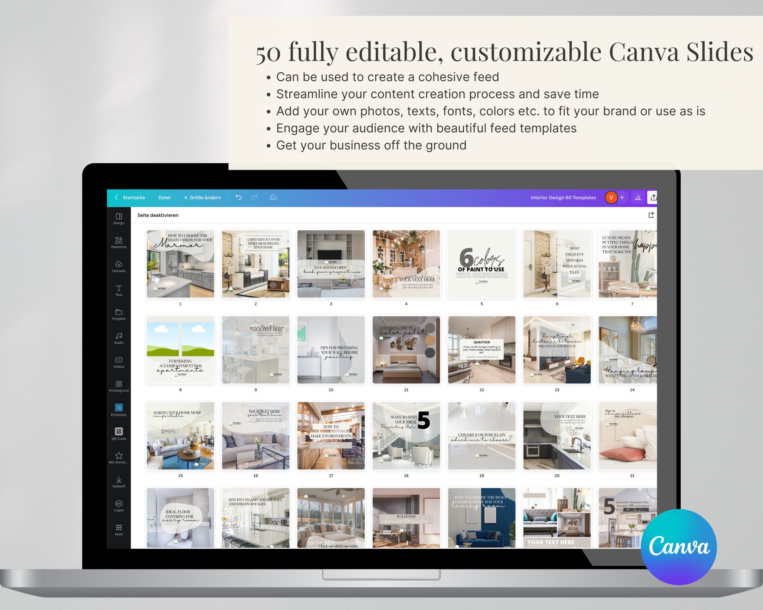 Beautiful Interior Design Canva Template With 50 Slides, Instagram ...
