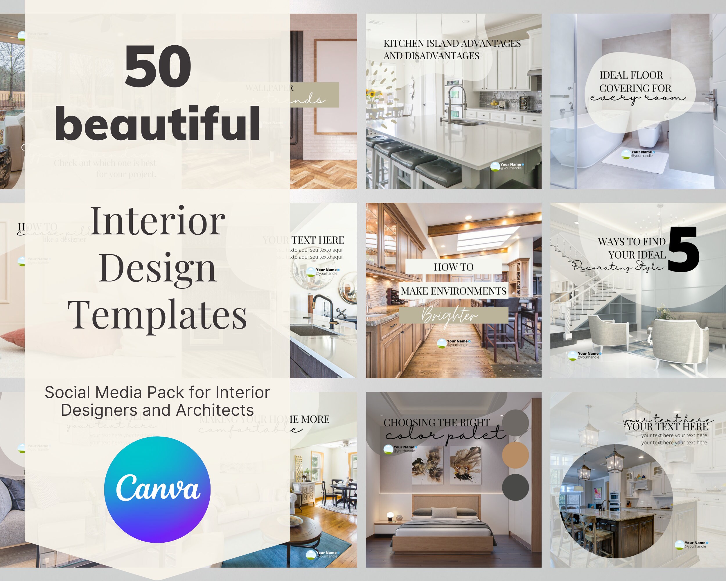 Beautiful Interior Design Canva Template With 50 Slides, Instagram ...
