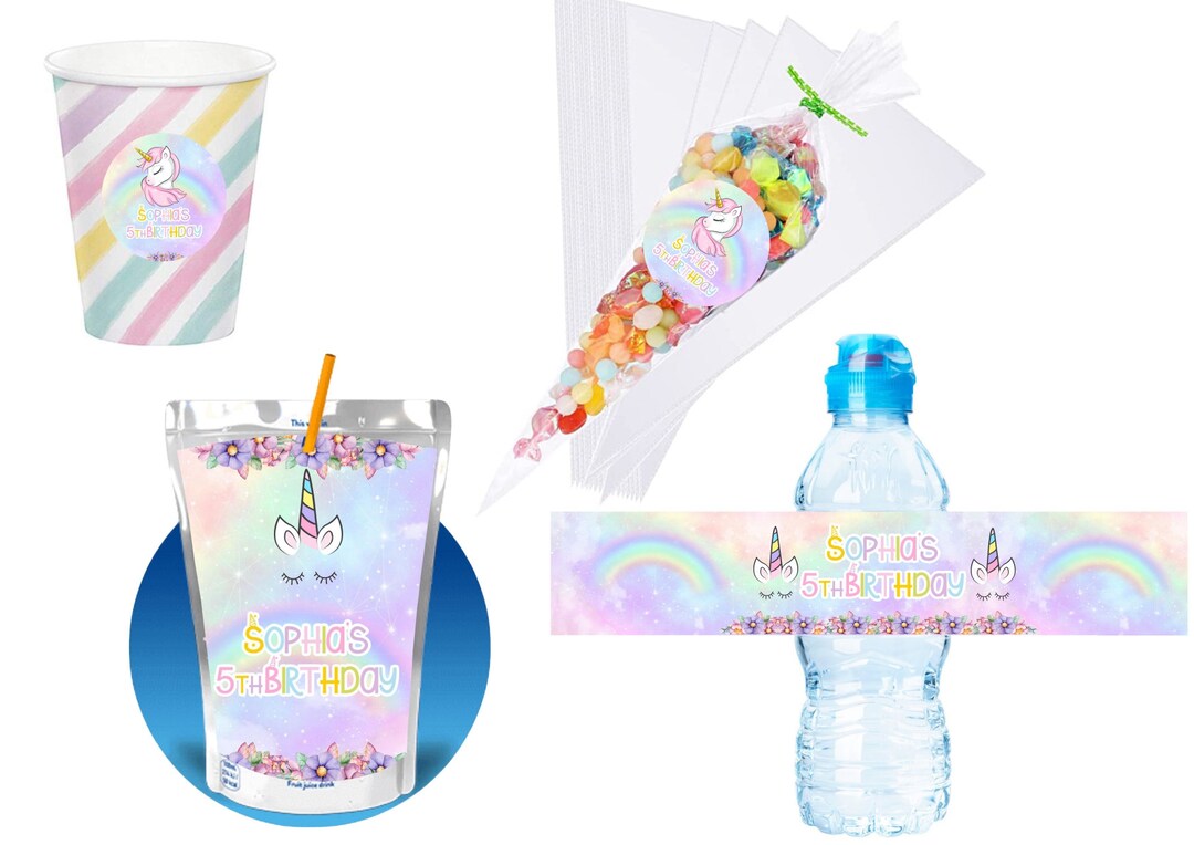 Unicorn Party Stickers, Girls Birthday, Candy Cones , Personalised ...