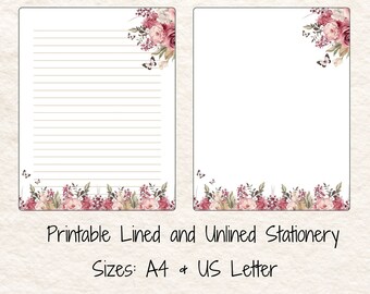 Pink Floral Printable Stationery Bundle, Lined and Unlined Letter ...