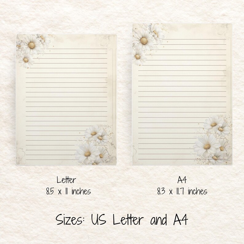 Antique Daisy Letter Paper Printable Floral Stationery Set Lined ...