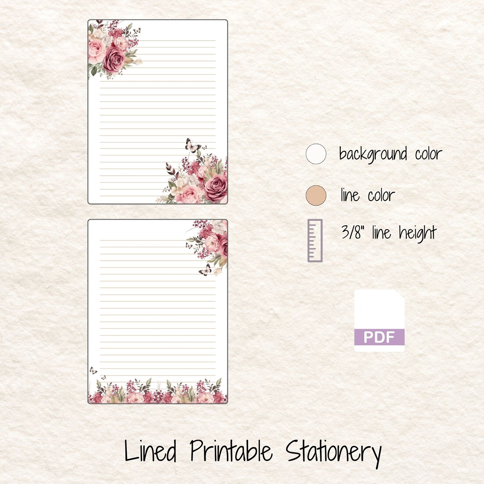 Pink Floral Printable Stationery Bundle, Lined and Unlined Letter ...