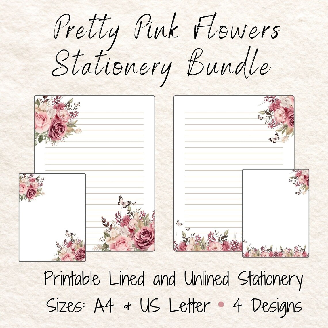 Pink Floral Printable Stationery Bundle, Lined and Unlined Letter ...