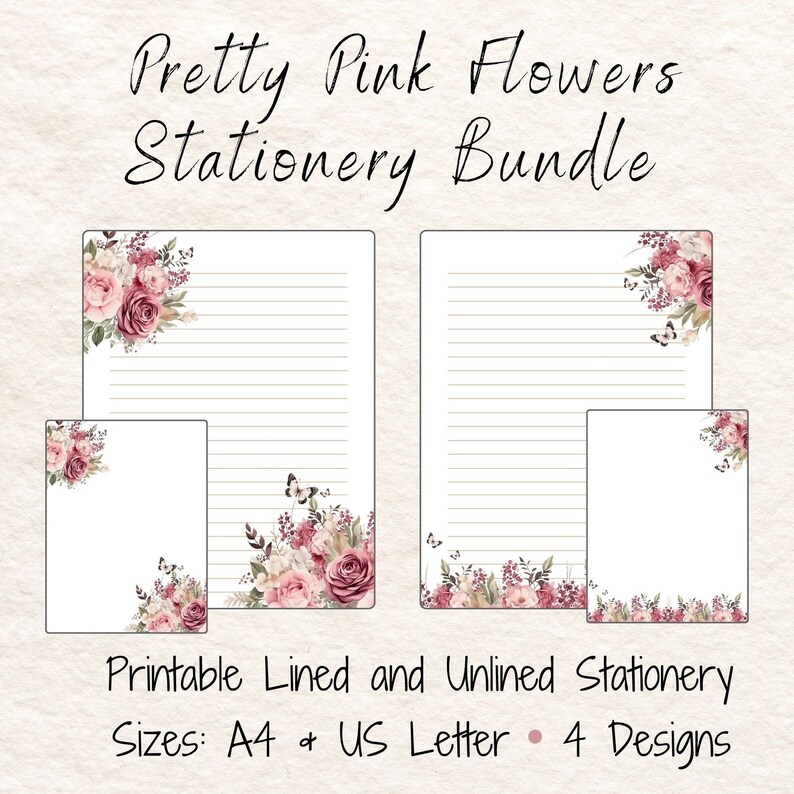 Pink Floral Printable Stationery Bundle, Lined and Unlined Letter ...