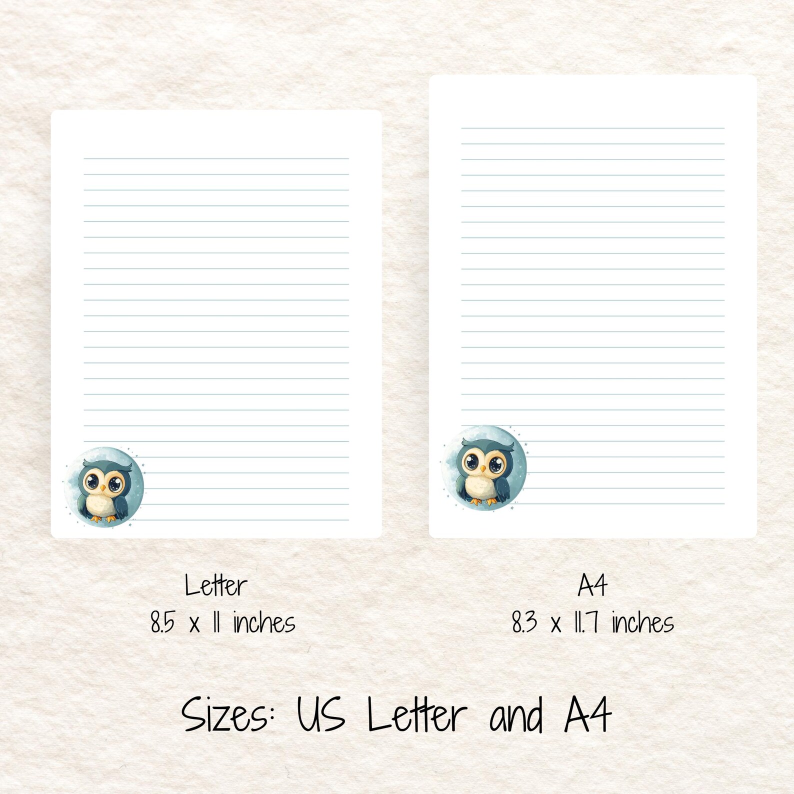 Printable Owl Stationery: Lined & Unlined Writing Paper (digital ...
