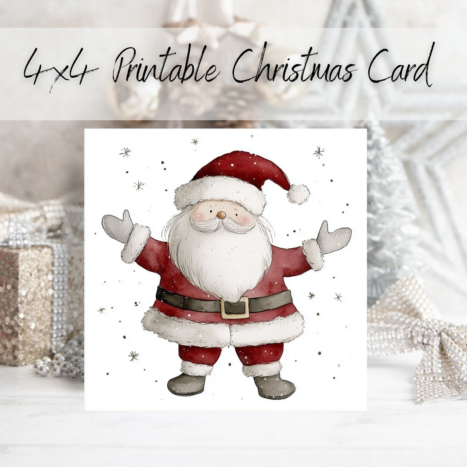 Printable Santa Card | Digital Christmas Greeting Card | 4x4 Inch Card ...