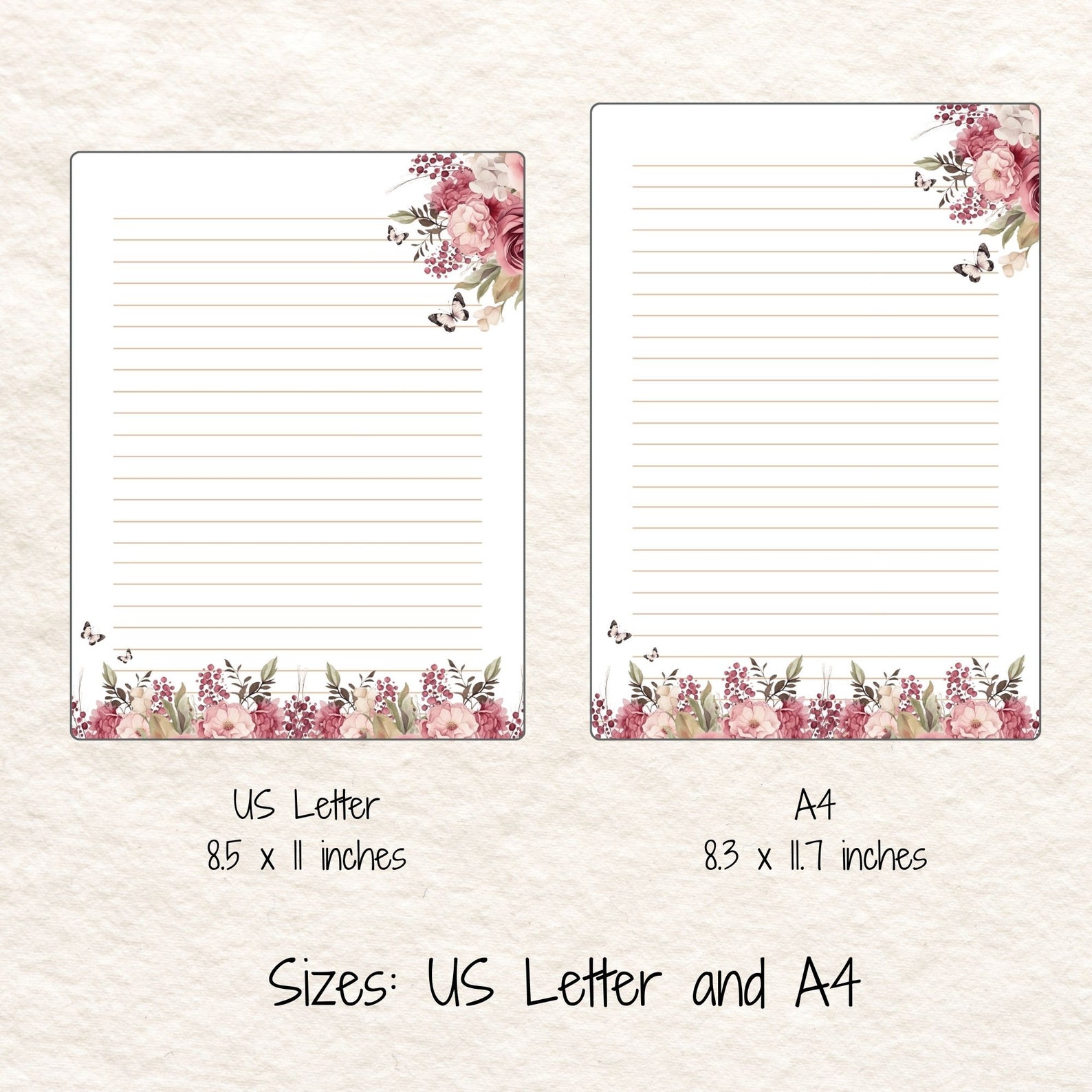 Pink Floral Printable Stationery Bundle, Lined and Unlined Letter ...