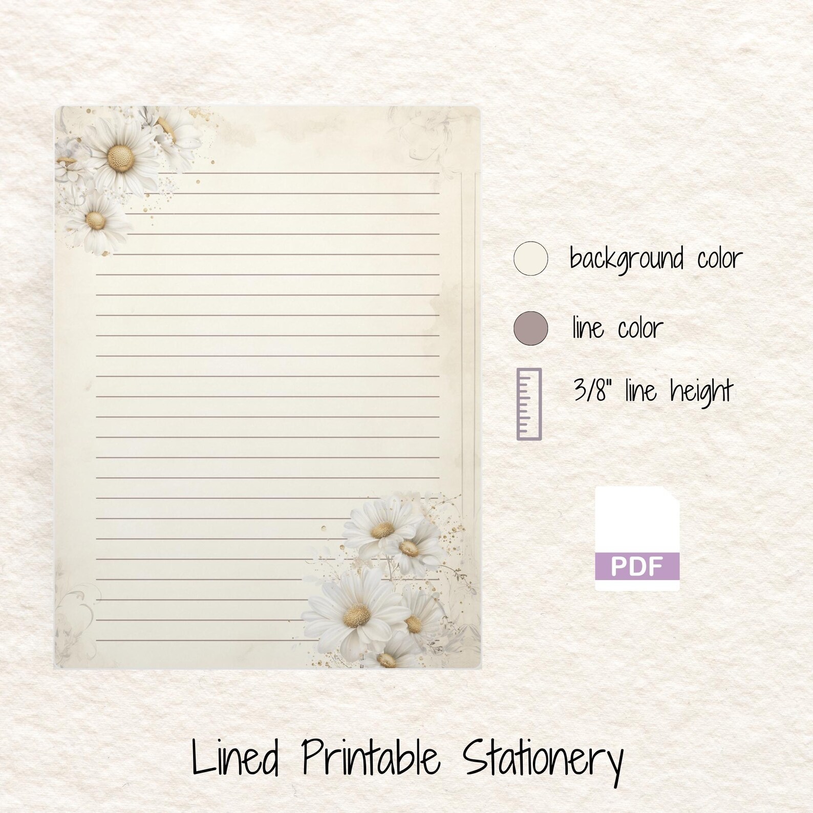 Antique Daisy Letter Paper Printable Floral Stationery Set Lined ...
