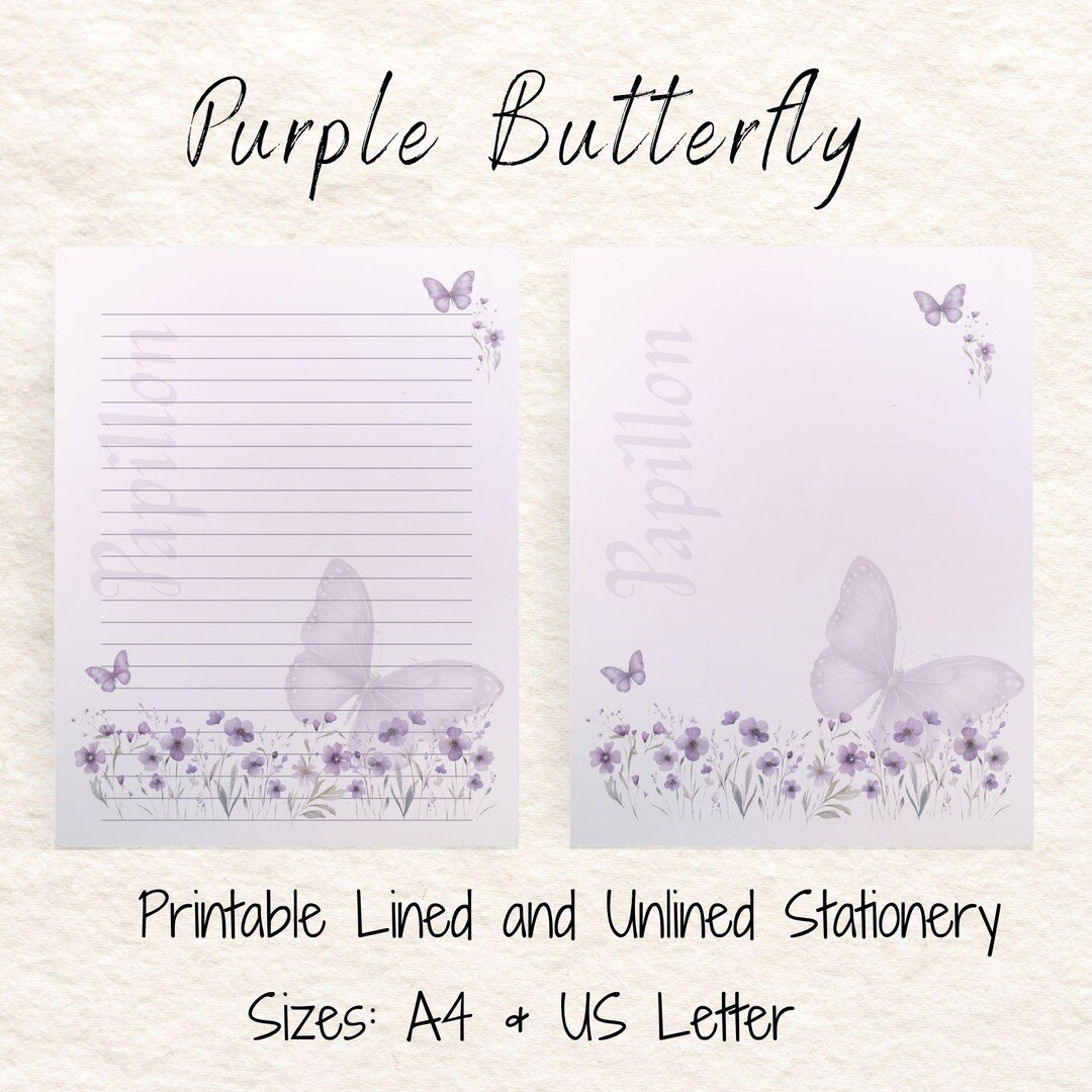 Purple Butterfly Floral Letter Paper | Printable Stationery Set | Lined ...