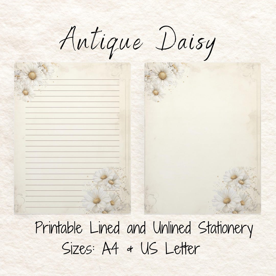 Antique Daisy Letter Paper Printable Floral Stationery Set Lined ...