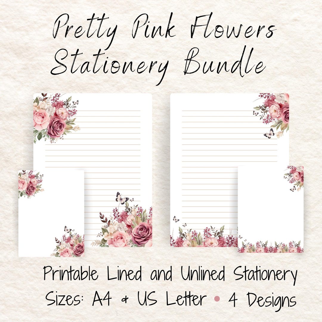 Pink Floral Printable Stationery Pack, Lined and Unlined Letter Writing ...