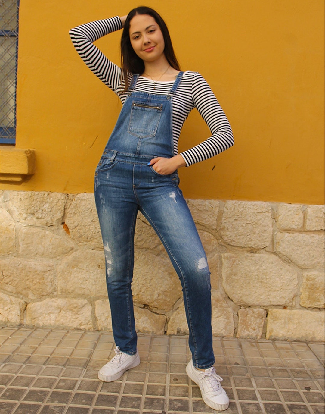 Women’s Blue Denim Dungarees | Slim Fit Long Dungaree Overalls | Bib ...
