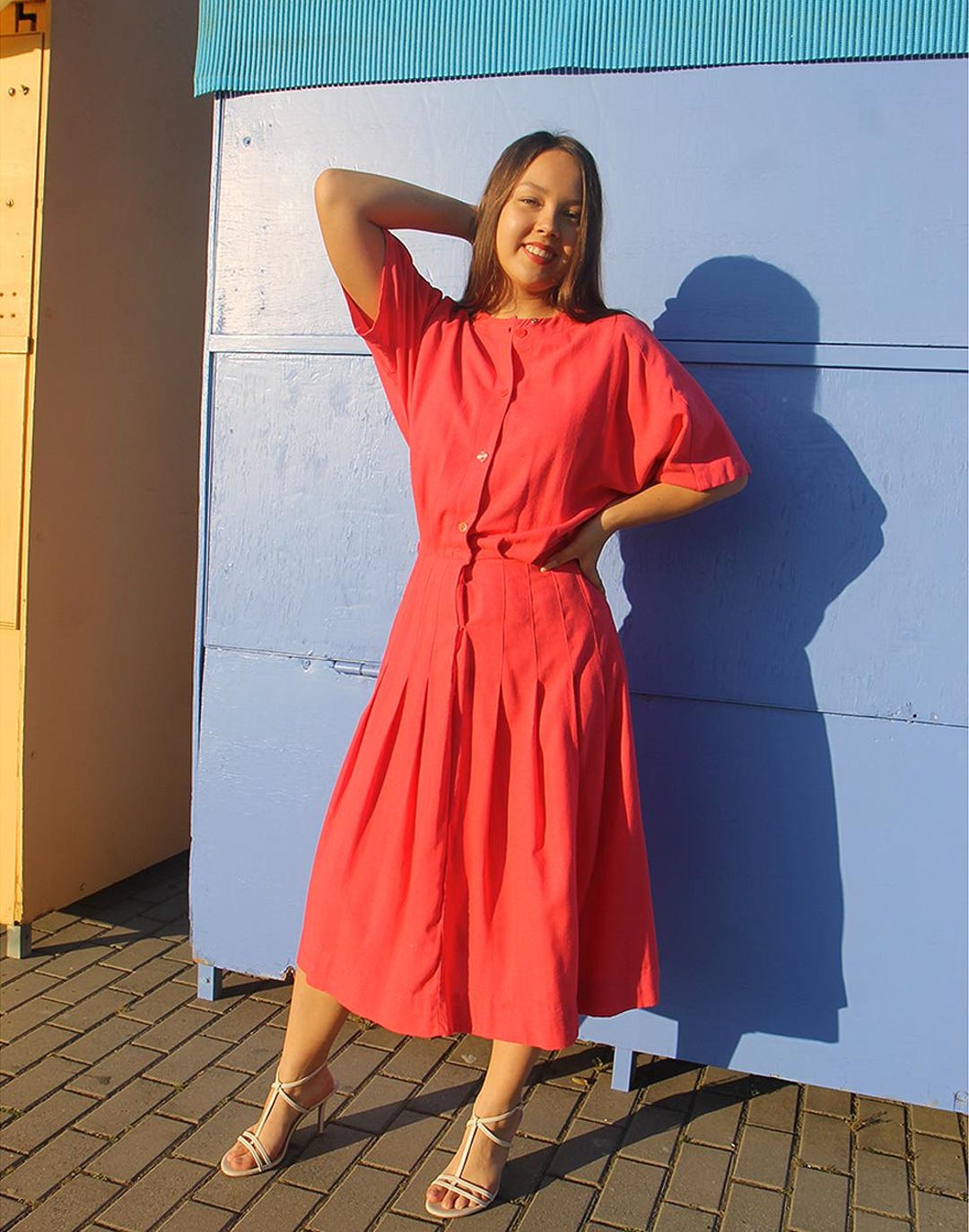 Vintage Pink Midi Tea Dress – Short Sleeve Silk Mix Dress With Pleated ...