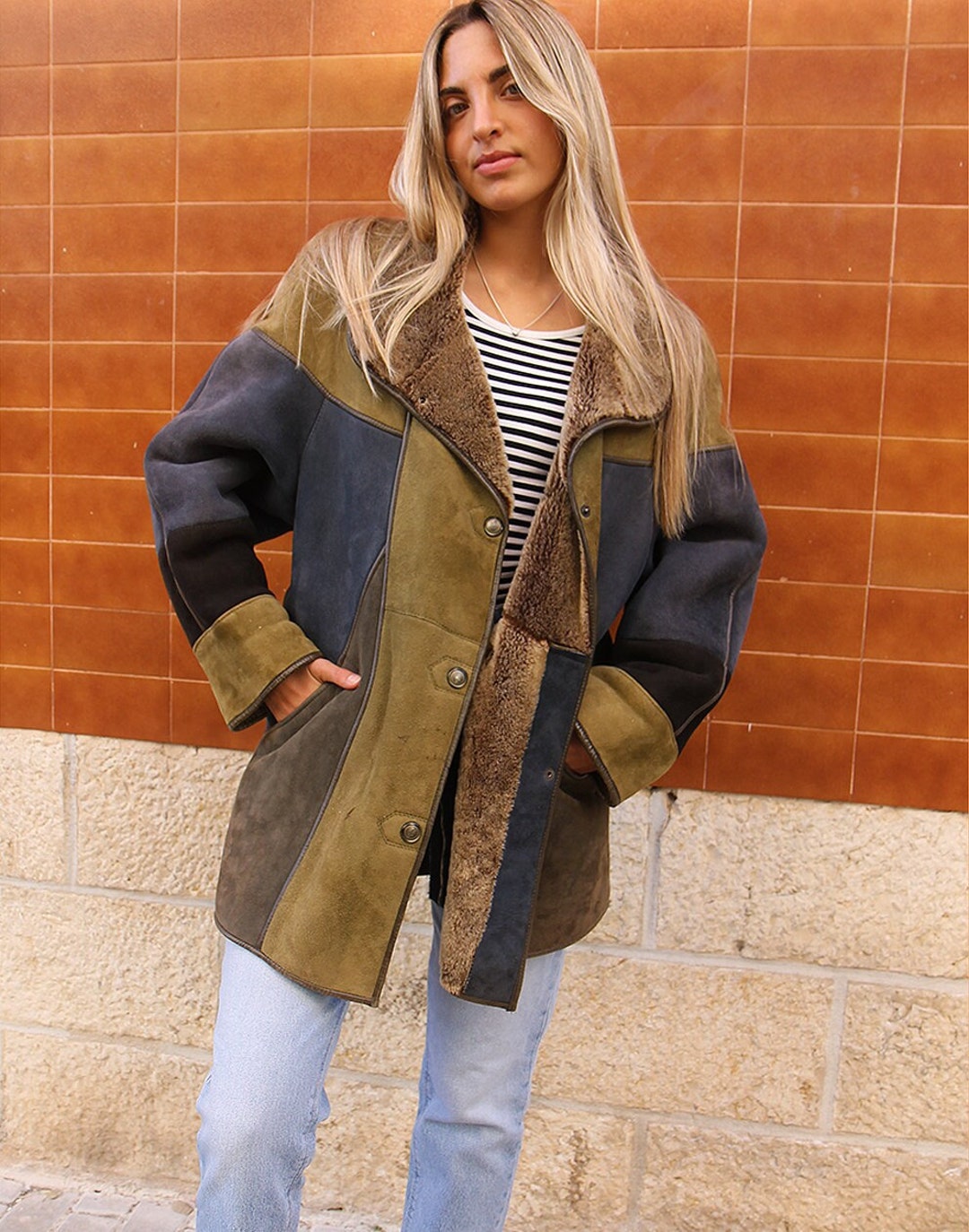 Sherling Coat in Green & Navy Blue - Etsy