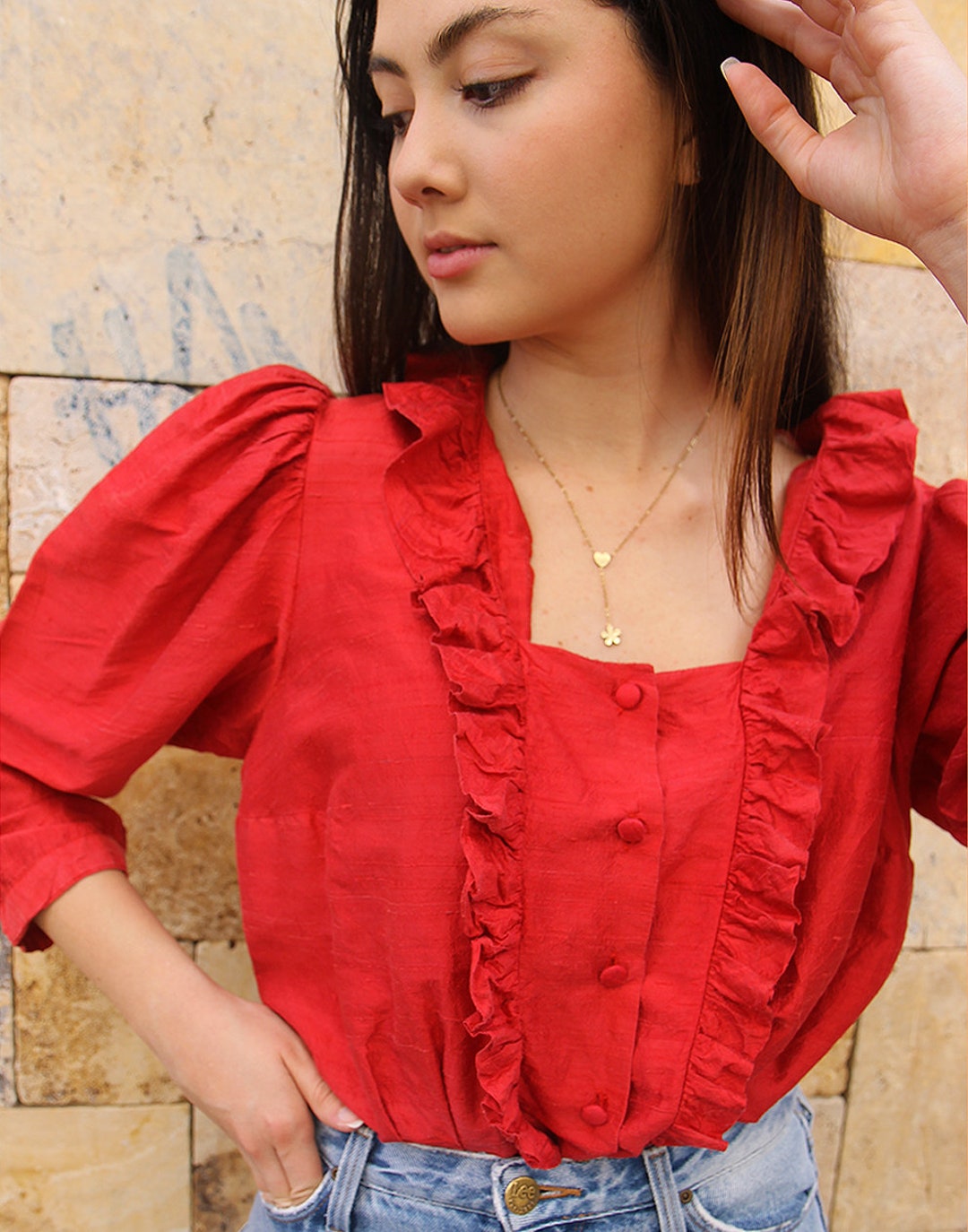 Red Silk Blouse With Ruffle - Etsy