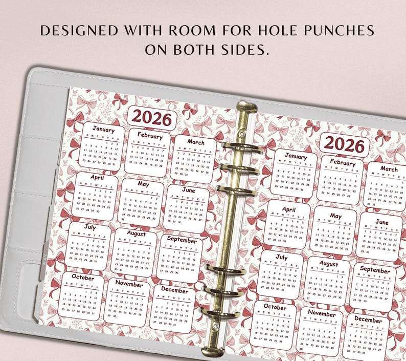 2026 Printable Calendar Pink Bow New Year Planner Croquette Sunday ...