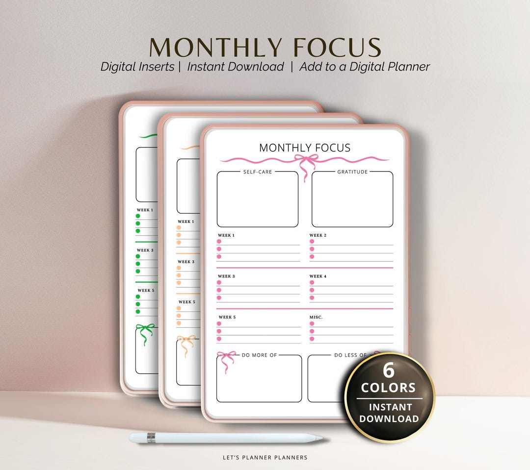 Monthly Focus Planner Inserts Digital Download PNG Focus Pages for ...