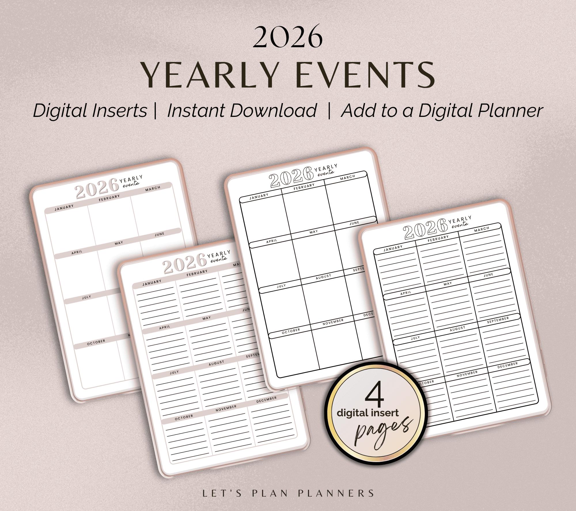 2026 Yearly Events Planner: Goodnotes iPad Digital Insert (PNG, PDF) - Etsy
