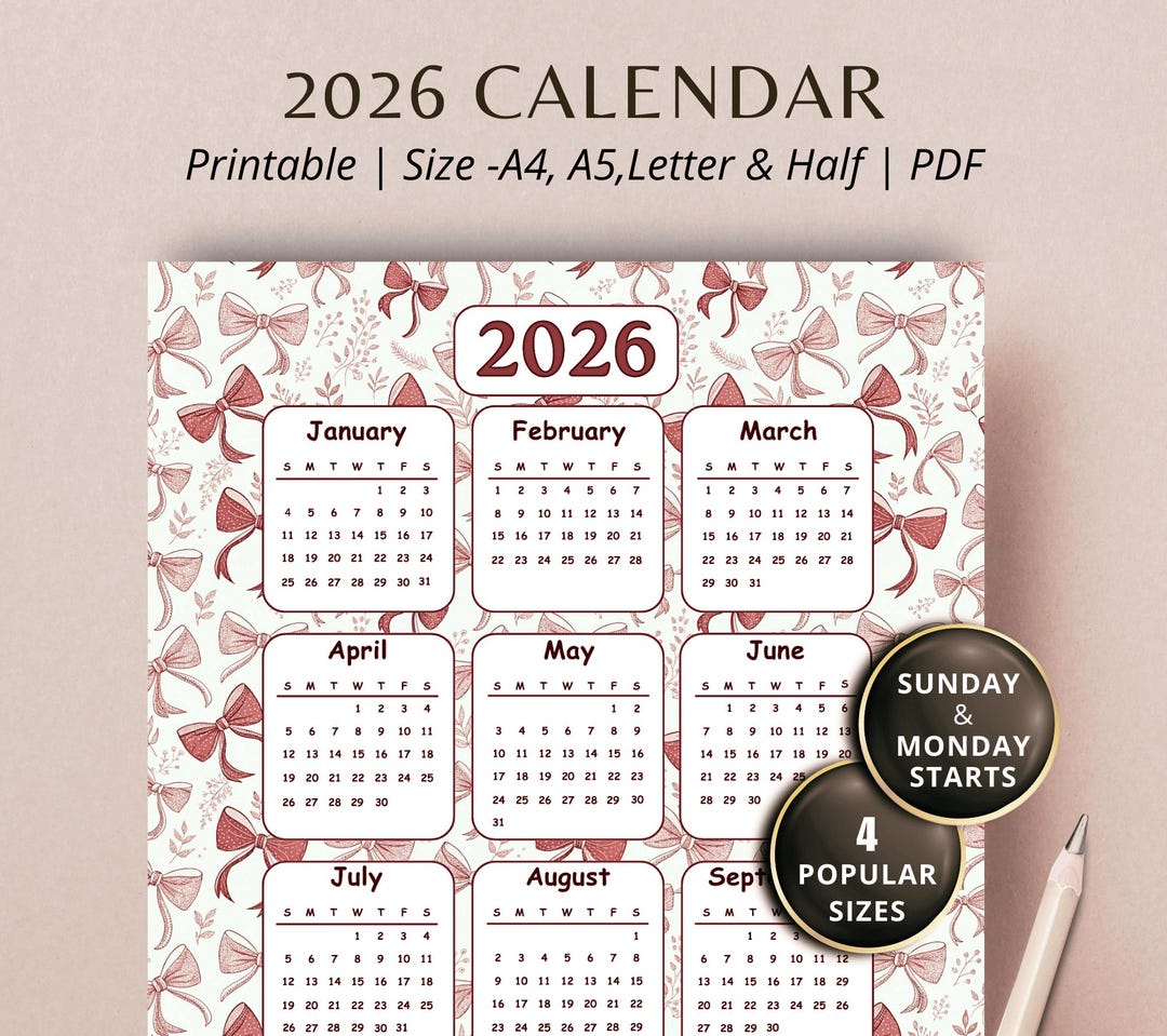 2026 Printable Calendar Pink Bow New Year Planner Croquette Sunday ...