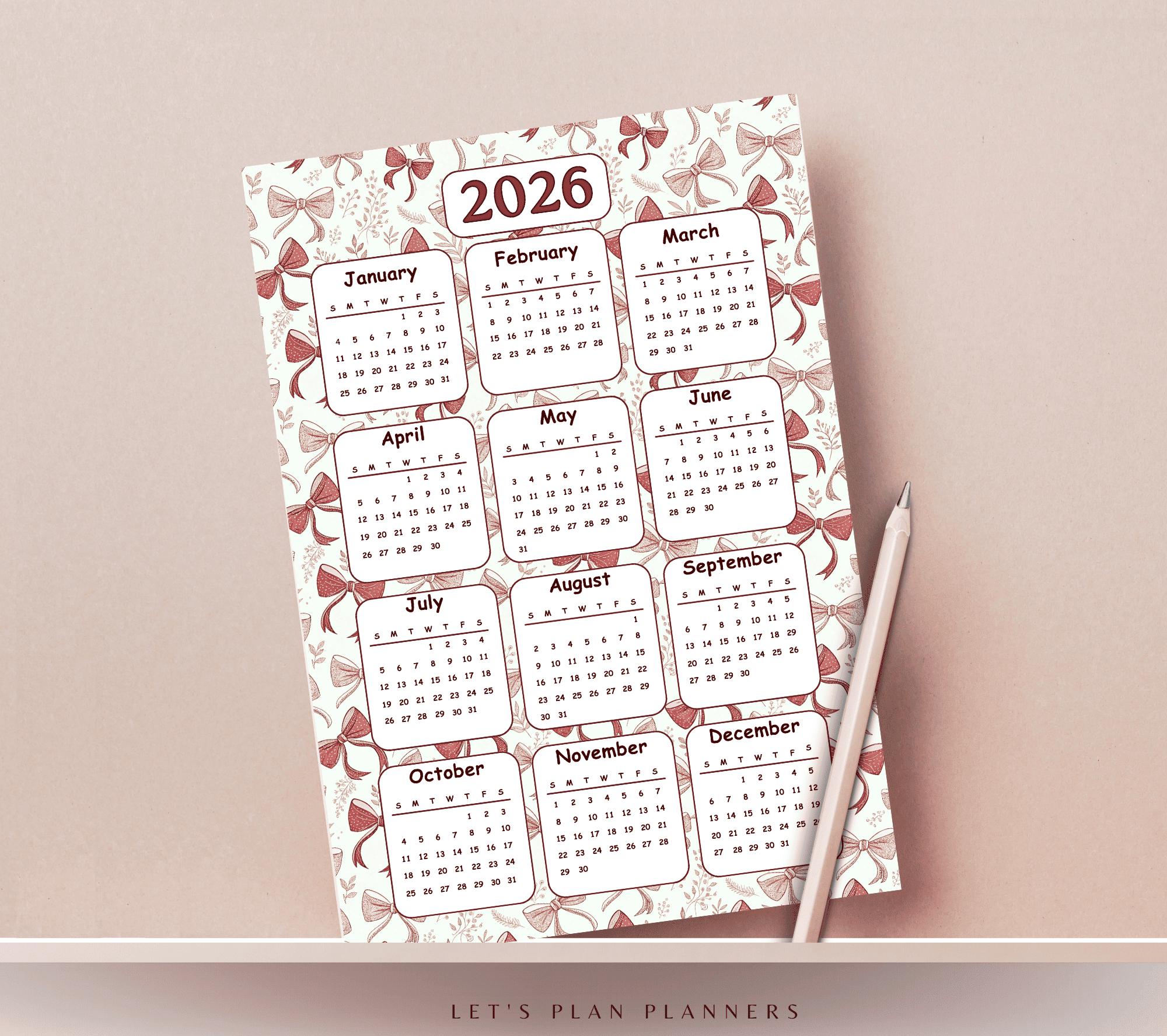 2026 Printable Calendar Pink Bow New Year Planner Croquette Sunday ...