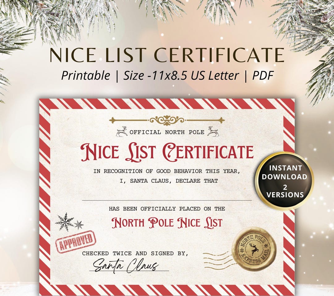 Santa's Nice List Certificate Printable: Christmas Activity (instant ...