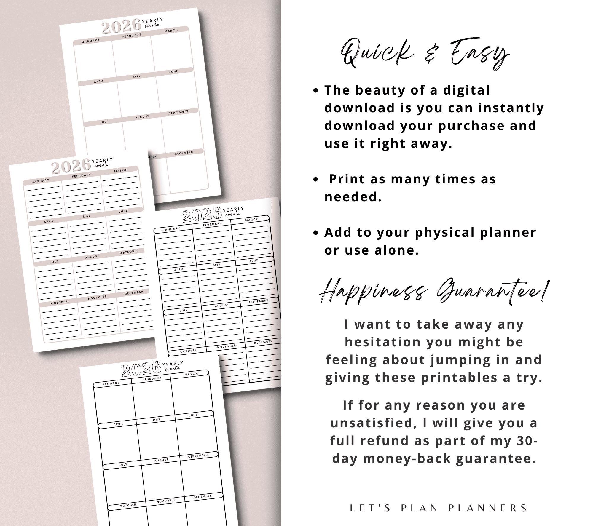 2026 Yearly Events Planner: At-a-glance Calendar (PDF Printable) - Etsy