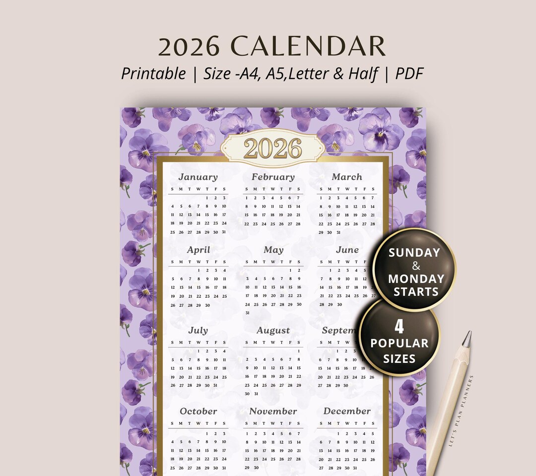2026 Calendar Sunday & Monday Start 4 Size Options Yearly 2026 ...