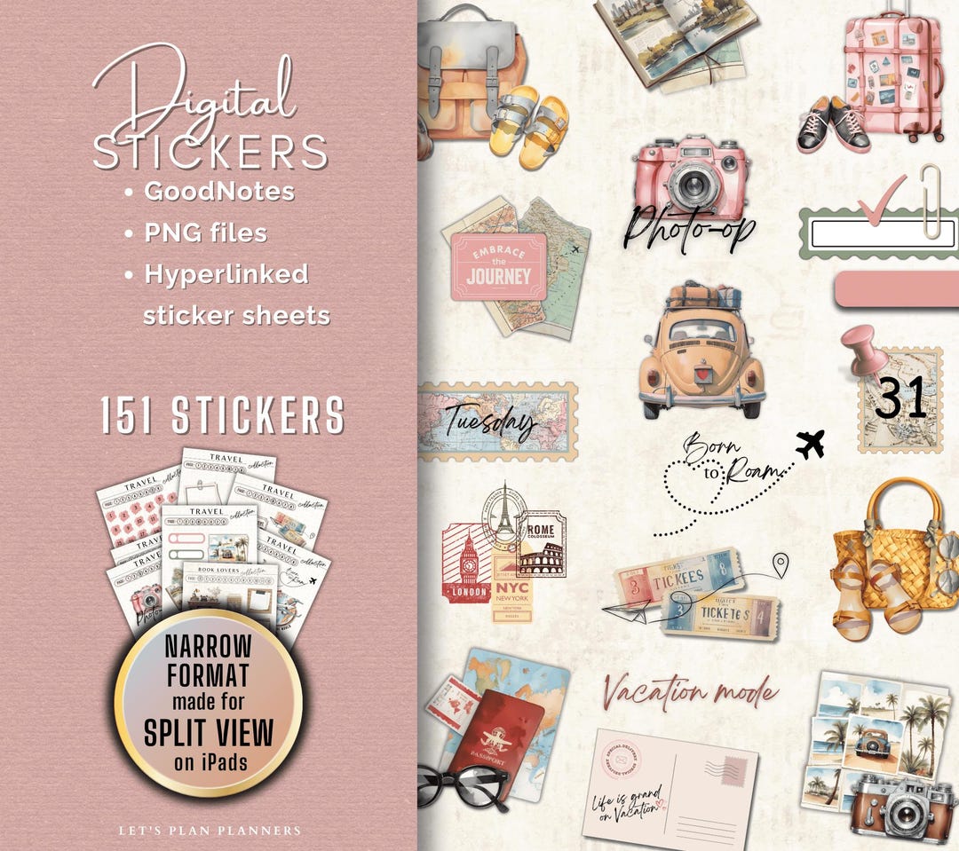 Travel Digital Stickers: Vacation Journal, Goodnotes, PNG (151 Stickers ...