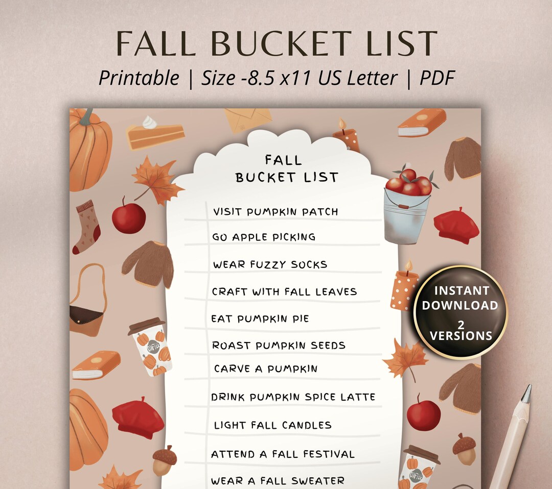 Fall Bucket List Printable: Autumn Activities Planner (8.5x11 US Letter ...