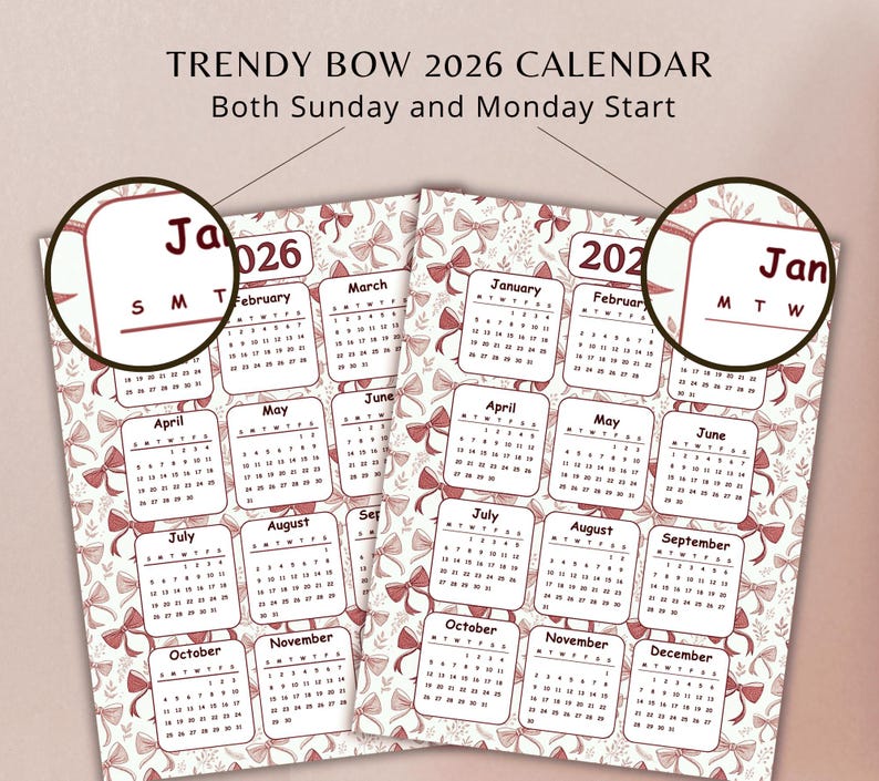 2026 Printable Calendar Pink Bow New Year Planner Croquette Sunday ...