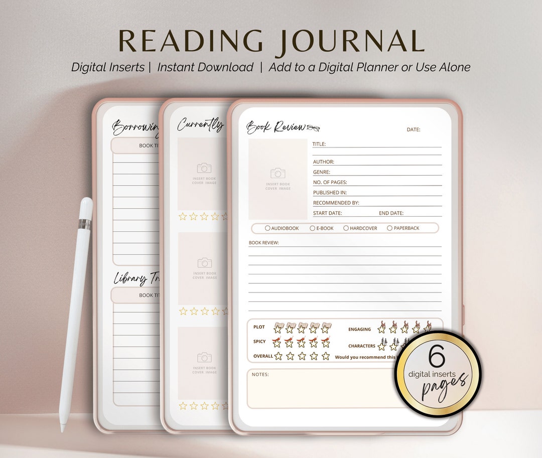 Reading Journal Book Tracker Digital Planner Inserts Book Reviews Daily Reading Borrowing ...
