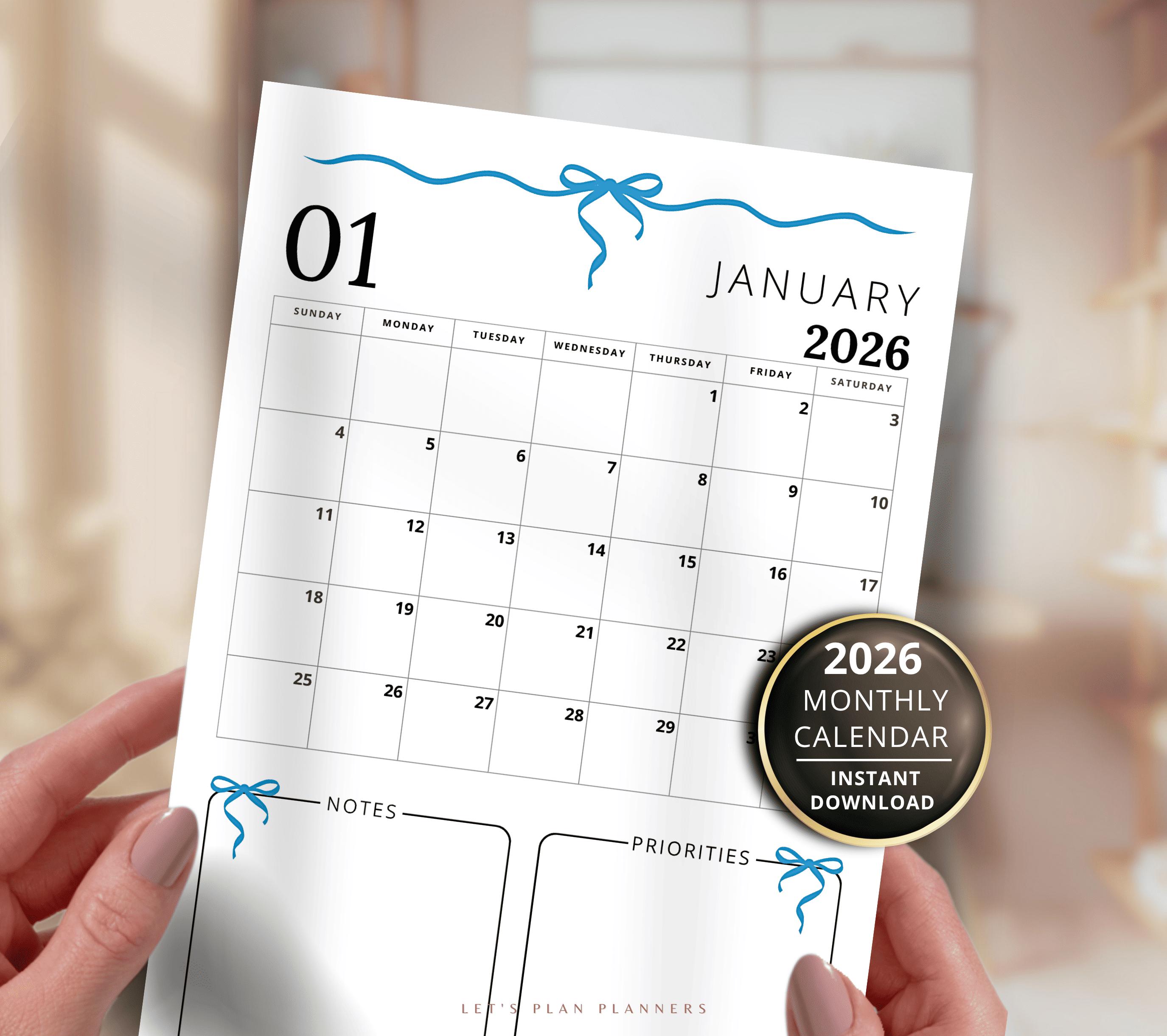 2026 Printable Monthly Calendar PDF Template Pages Monthly Overview ...